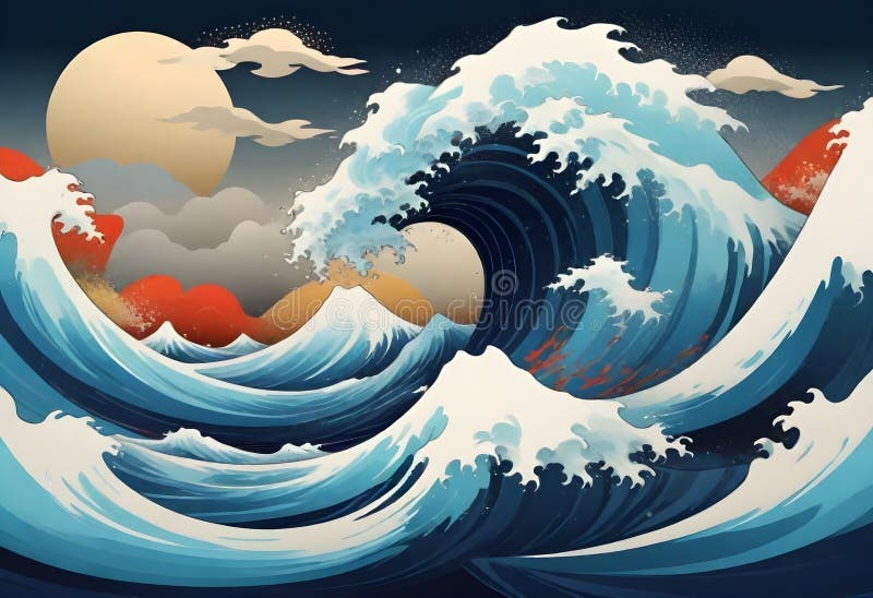 An Illustration of a Wave with the Sun Setting Behind it Stock Vector ...