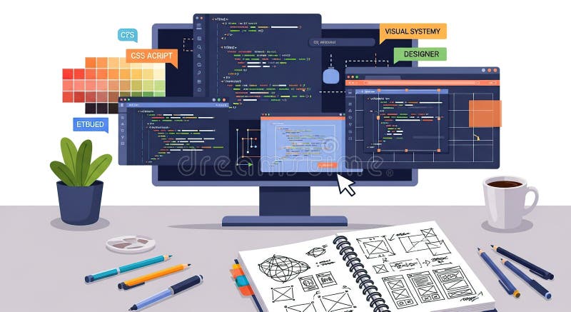 Web Designer S Desk: Coding and Wireframing Stock Vector - Illustration of document, computer ...