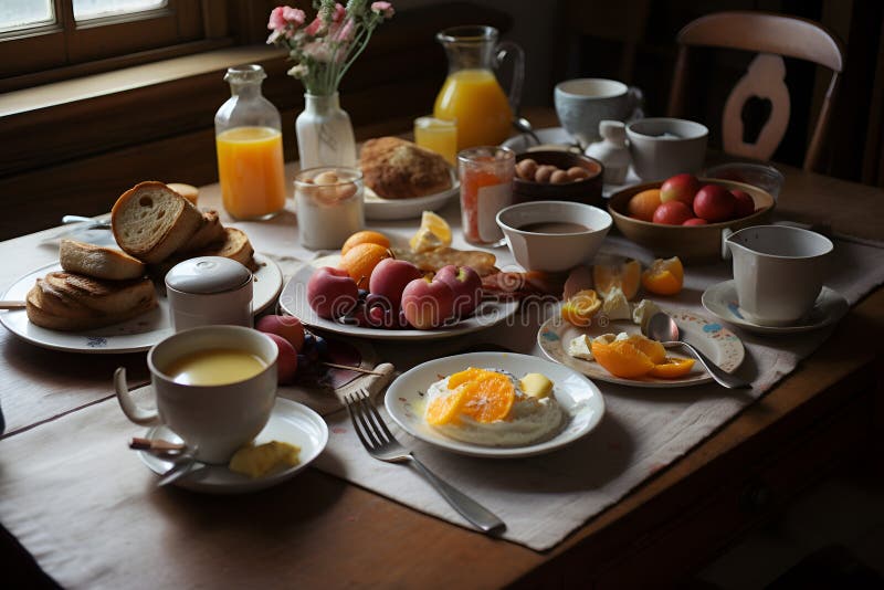 Illustration of Week-end Breakfast Near the Window. Table with Food and ...