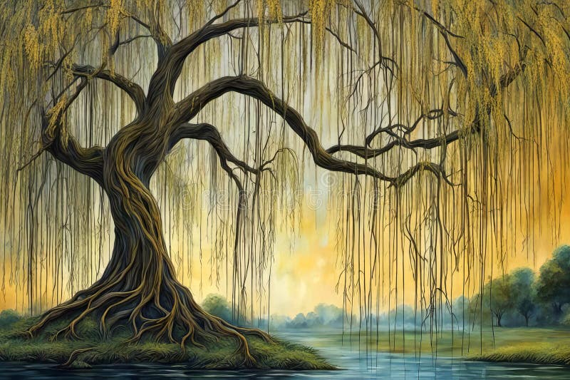 Weeping Willow Tree by a River Stock Illustration - Illustration of ...