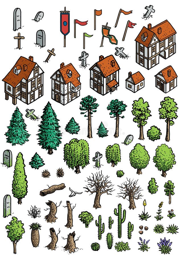 Fantasy Map Elements Illustration, Drawing, Engraving, Ink, Line Art ...