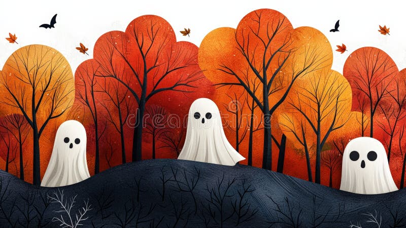 Illustration of Whimsical Ghosts in an Autumn Forest with Vibrant Fall ...
