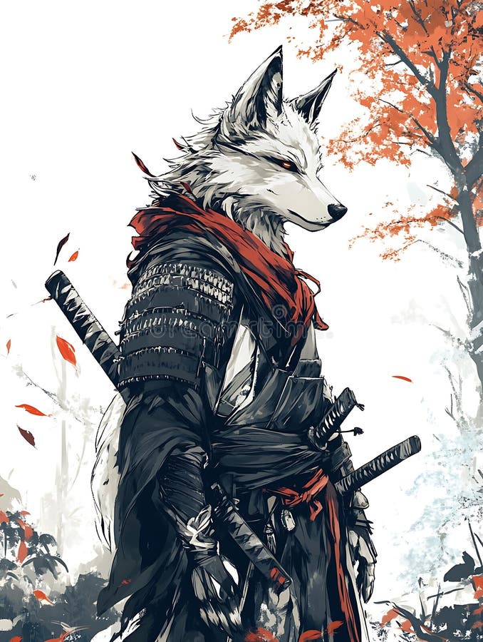 Anthropomorphic Wolf Samurai Warrior with Red Sash and Katana Swords ...