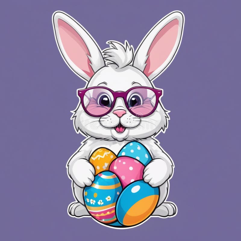 Illustration of a White Easter Bunny Wearing Glasses Holding Colorful ...