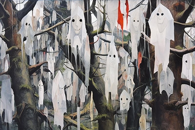 Illustration of White Ghosts Hanging on a Tree in a Forest Stock ...