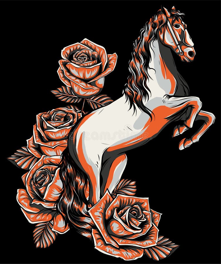 Vector Illustration of White Horse with Rose on Black Background Stock ...