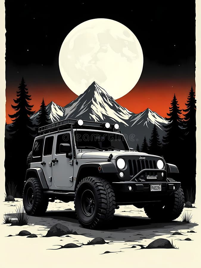 Illustration of a White Jeep Parked in Front of Mountains, Trees, and a ...