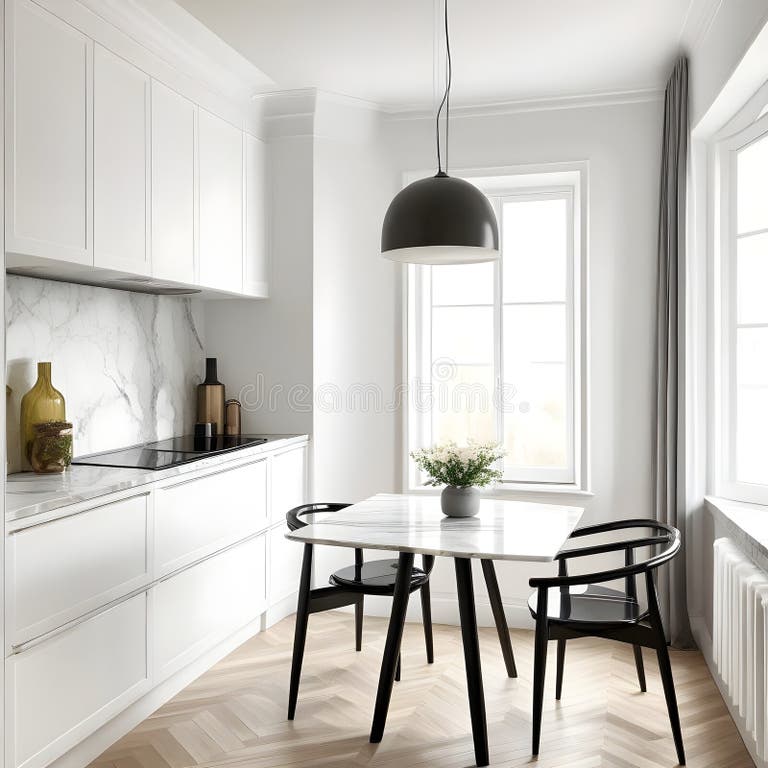Kitchen Nook with Table in White and Marble Stock Illustration ...