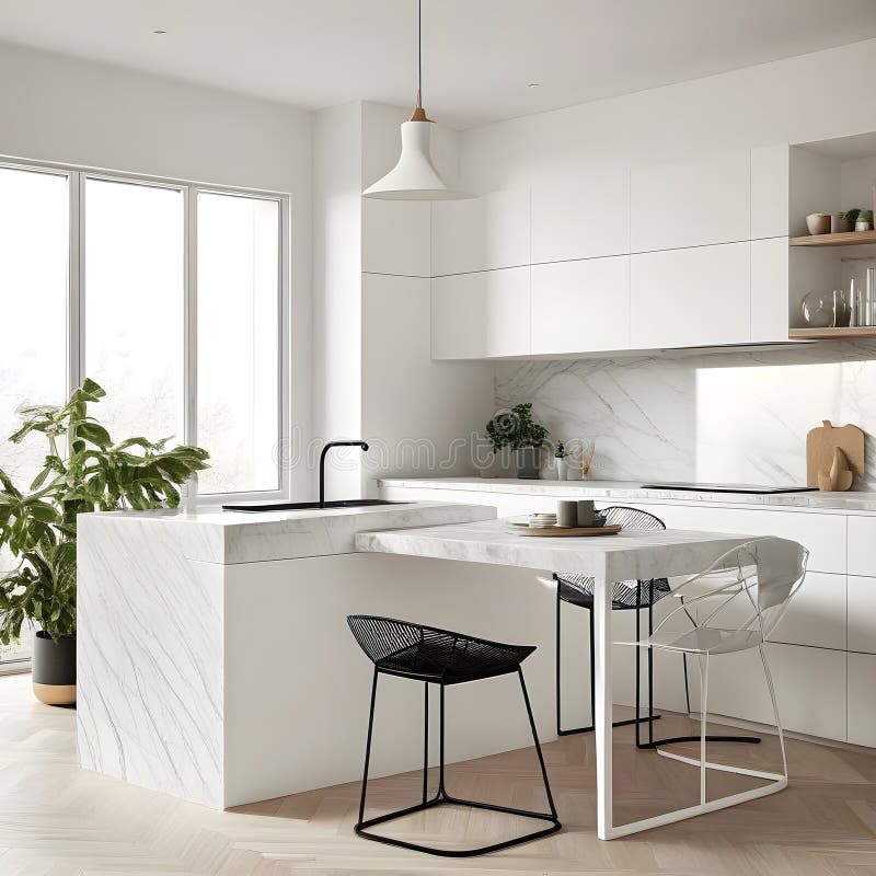 Kitchen Nook with Table in White and Marble Stock Illustration ...