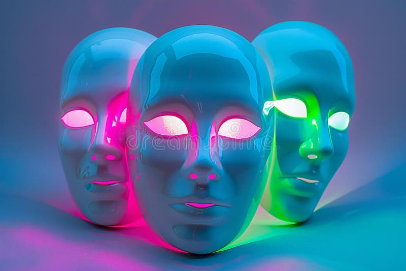 White Plastic Drama Masks, One Neon Pink and Two Fluorescent Green, on ...