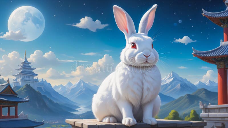 Illustration of a White Rabbit Sitting on a Stone Platform. Generative ...