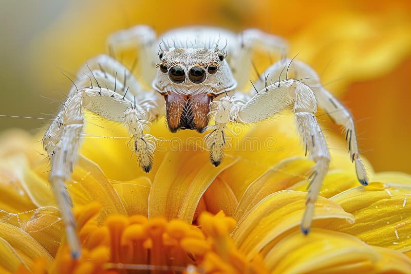 Illustration of White Spider Sitting on Top of Yellow Flower, High ...