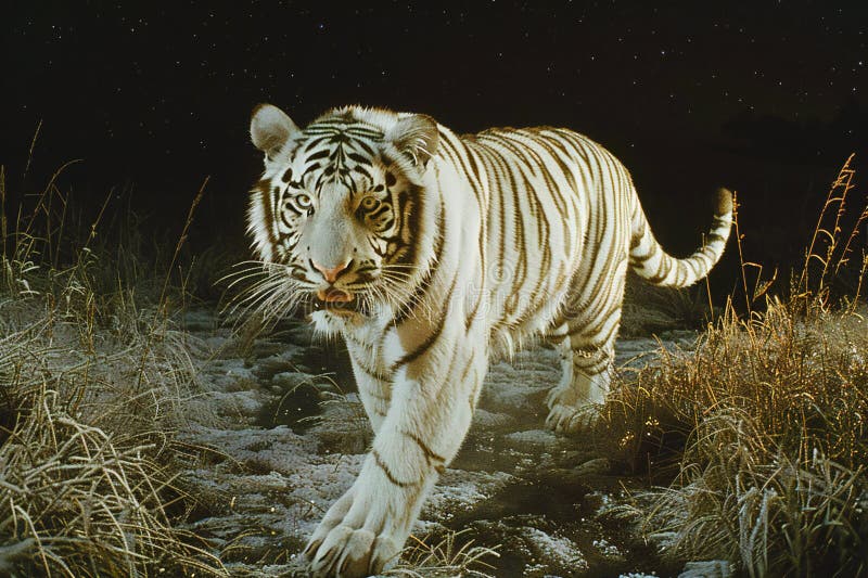 White Tiger in the Forest at Night with Stars in the Background Stock ...