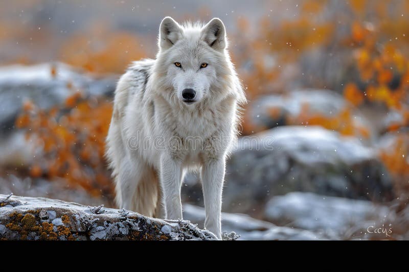 White Wolf Standing on the Edge of a Cliff in the Mountains Stock ...