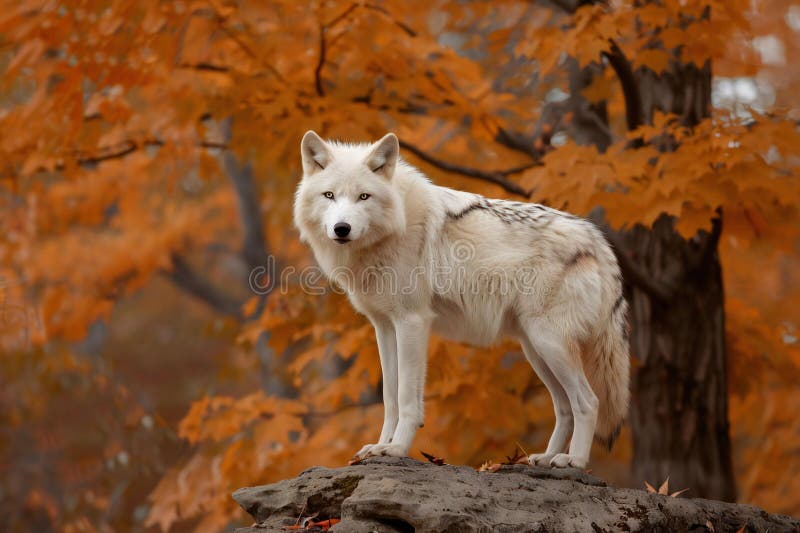 White Wolf Standing on a Rock in the Autumn Forest with Red Leaves ...