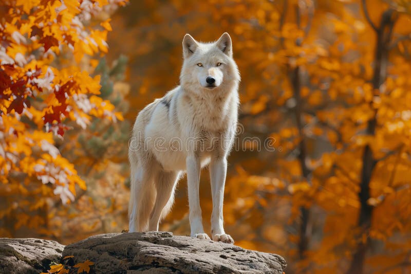 White Wolf Standing on a Rock in Fall Trees, High Quality, High ...