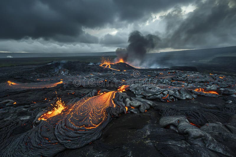 Wide Angle Photo of an Active Volcano, Lava Flows Across the Landscape ...