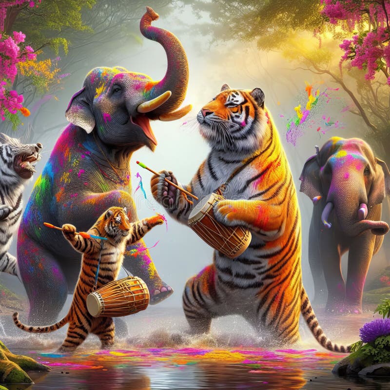 Illustration of Wild Animals Playing Holi in the Jungle Stock ...