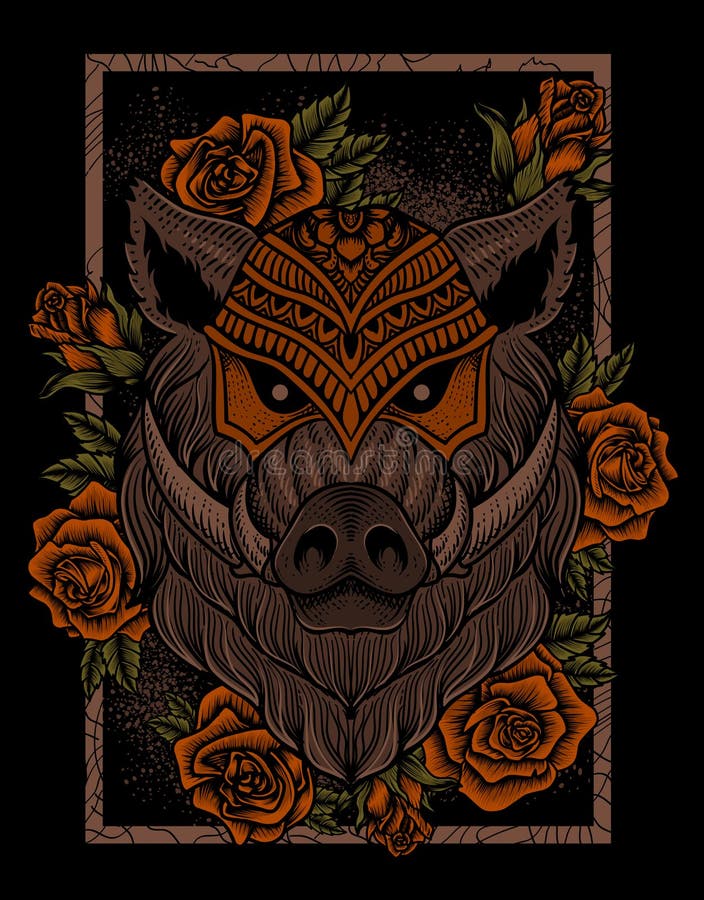 Illustration Wild Boar Head with Rose Flower Engraving Style Stock ...
