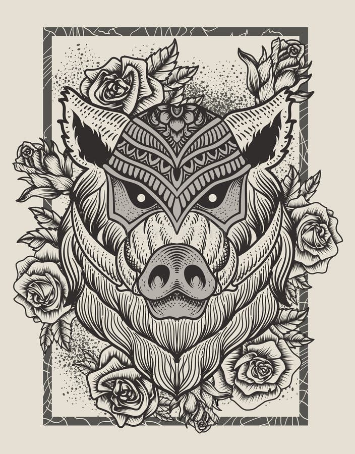 Illustration Wild Boar Head with Rose Flower Engraving Style Stock ...