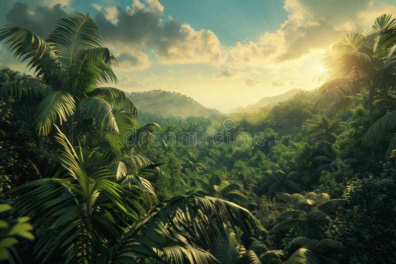 Illustration of a Wild Tropical Jungle in Muted Green Colors Stock ...