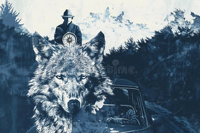 Illustration of a Wild Wolf with a Rider on the Hood of a Car Stock ...