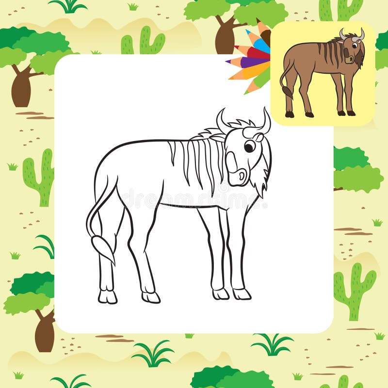 Illustration of a Wildebeest. Coloring Page Stock Vector - Illustration ...