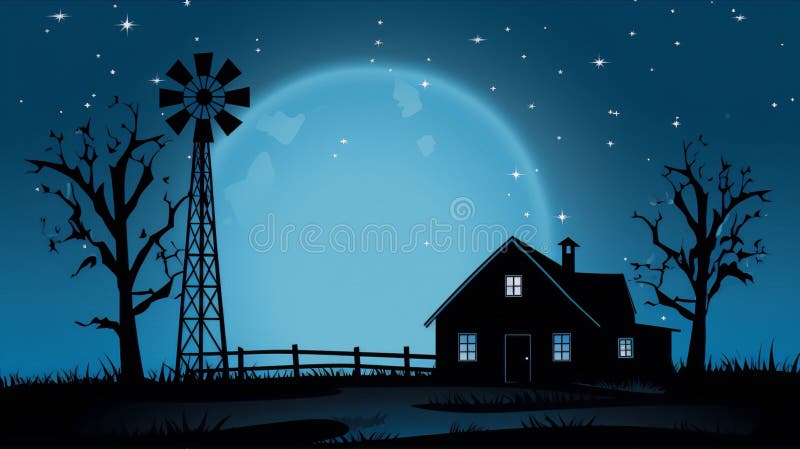 A Illustration of a Windmill and a Farmhouse at Night in Shades of Blue ...