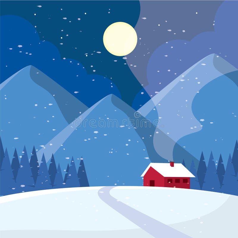 Winter Cabin Under a Full Moon in Snowy Mountains Vector Stock Vector ...