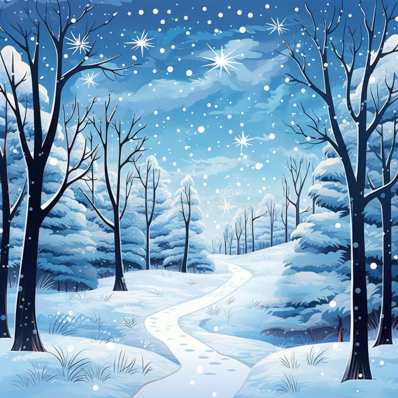 Illustration of Winter Forest, Snowy Sky, Trees in Snow, Path Stock ...