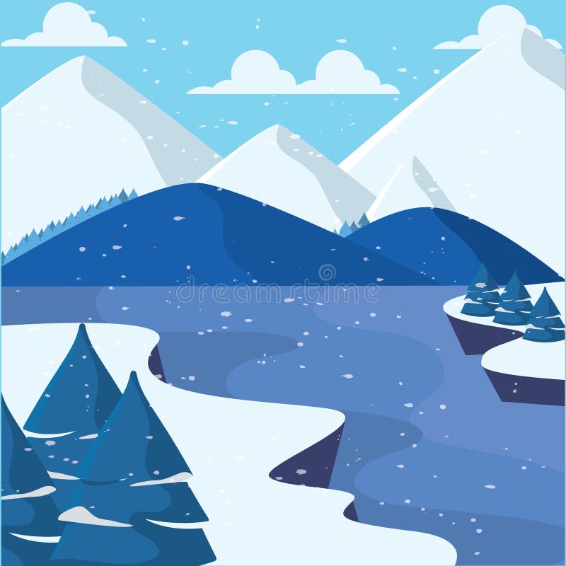 Winter Mountains and Snowy River with Pine Trees Vector Stock Vector ...