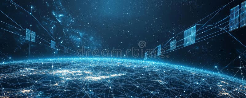 Illustration of a Wireframe Data Center Connected To Satellites Over ...