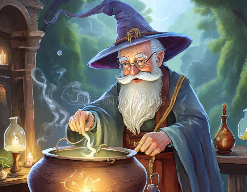 Enchanting Wizard Brewing Potion in Mystic Forest Stock Illustration ...