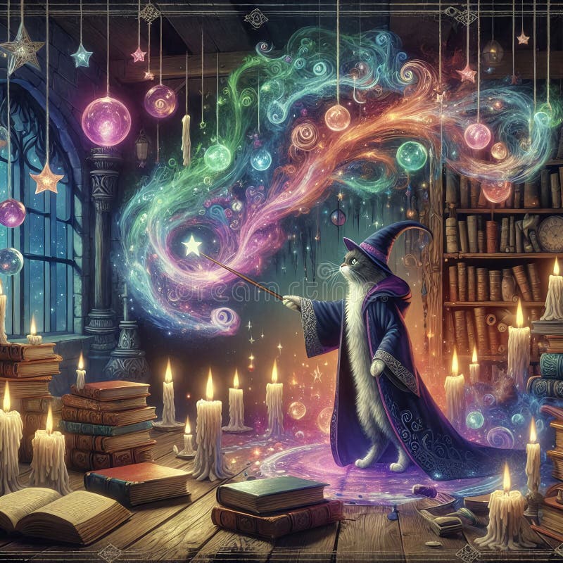 Illustration of a Witch Cat in a Magical Library with a Magic Wand ...