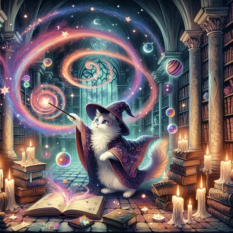 Illustration of a Witch Cat in a Magical Library with a Magic Wand ...