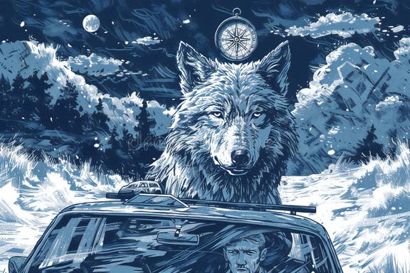 Illustration of a Wolf in a Car with a Compass in Its Hand Stock ...