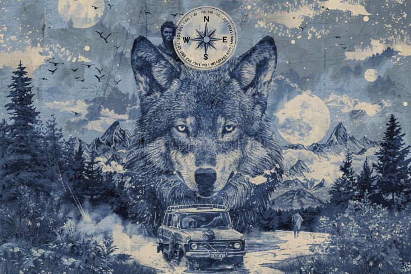 Illustration of a Wolf in the Forest with a Compass and a Car Stock ...