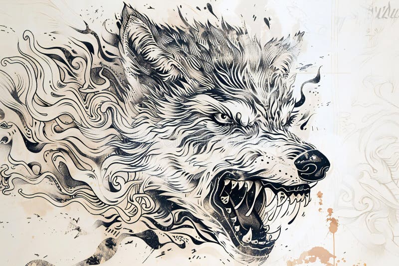 Wolf Head with Abstract Grunge Background, Hand-drawn Illustration ...