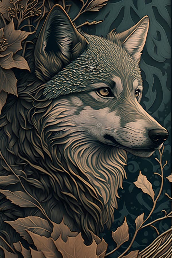 Illustration of a Wolf Head on a Dark Background with Leaves. Stock ...