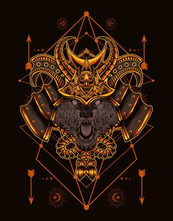 Illustration Wolf Head with Samurai Helmet Stock Vector - Illustration ...