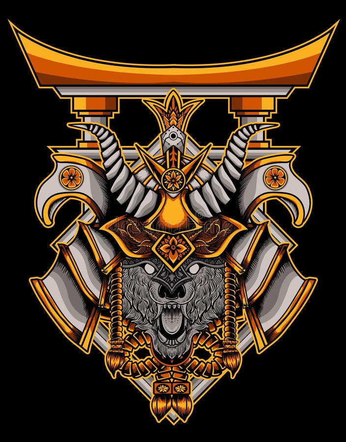 Illustration Wolf Head with Samurai Helmet Stock Vector - Illustration ...