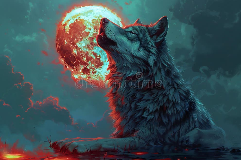 Illustration of a Wolf Howling in Front of a Full Moon Stock ...