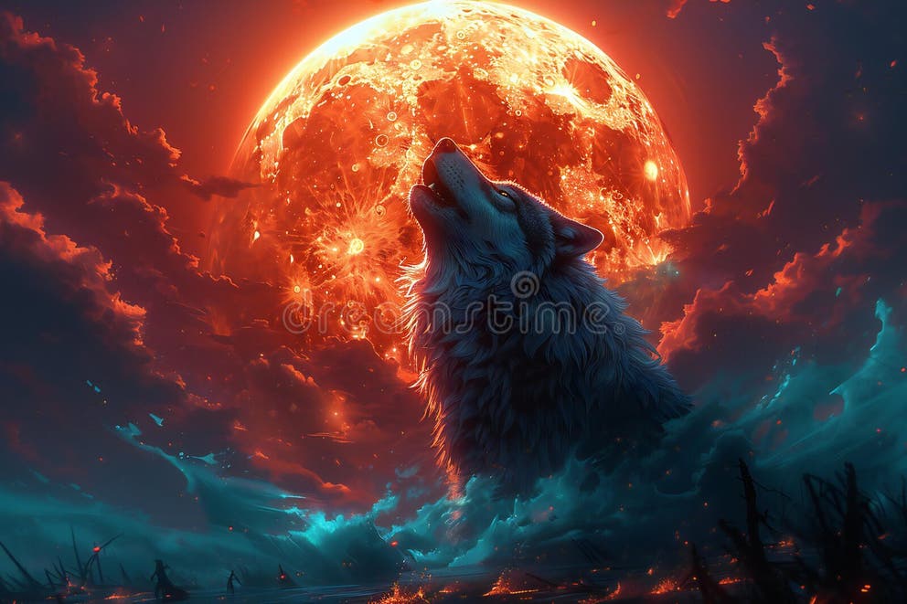 Illustration of Wolf Howling in Front of the Moon, High Quality, High ...