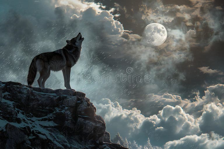 Wolf Howling on a Rock in the Moonlight, Rendering Stock Illustration ...