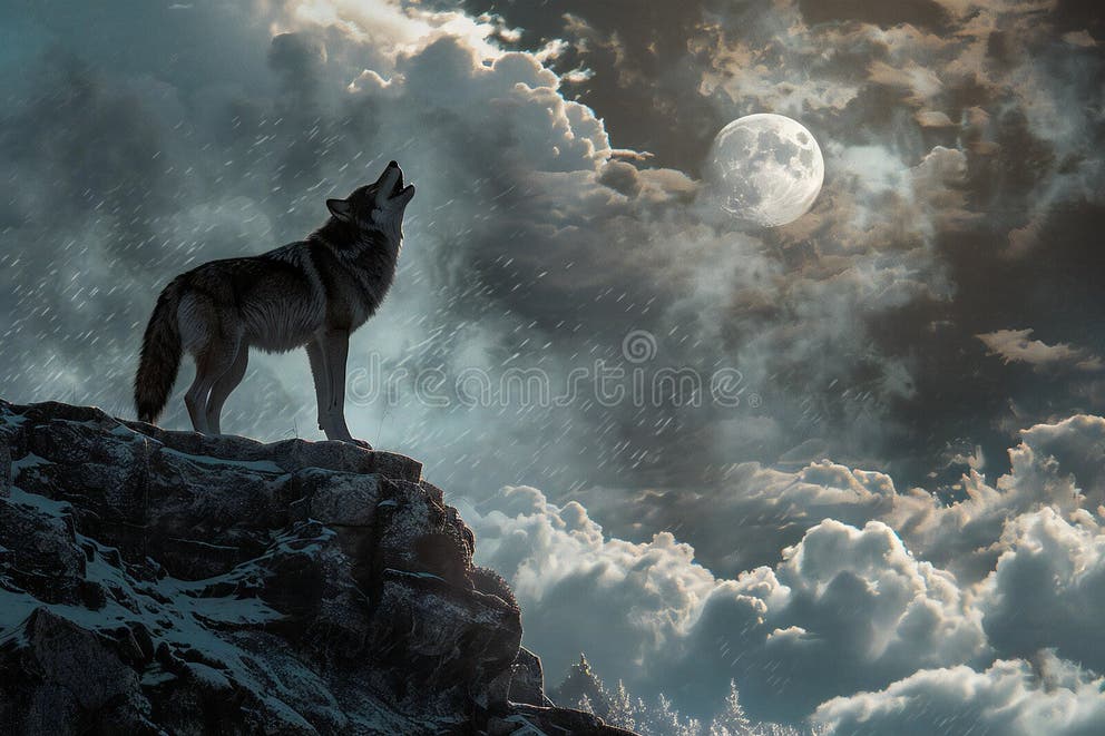 Wolf Howling on a Rock in the Moonlight, Rendering Stock Illustration ...