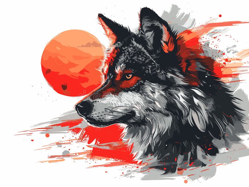 Illustration of a Wolf with a Red Sun in the Background. Stock Vector ...