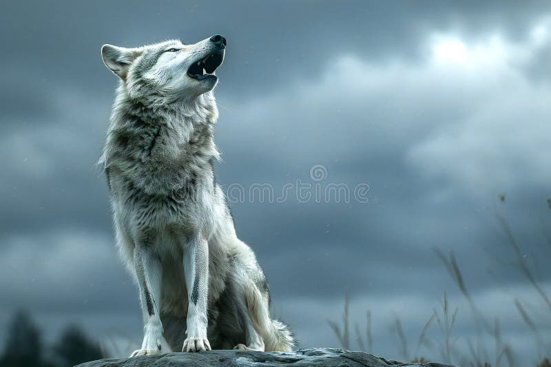 A Wolf Sitting on a Rock Under a Stormy Sky with Clouds Stock ...
