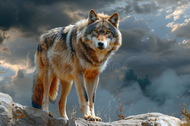 Illustration of the Wolf Stands on a Cliff Behind Dark Clouds, High ...