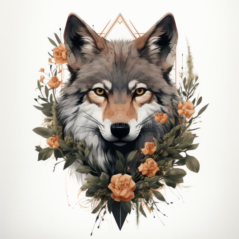 An Illustration of a Wolf Surrounded by Flowers Stock Illustration ...