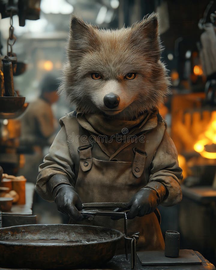 Illustration of a Wolf Working in an Apron in a Workshop. Stock Photo ...